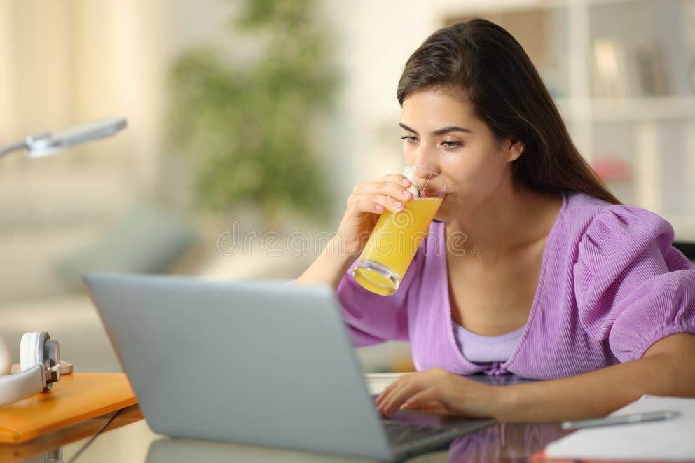 Student E-learning Drinking Orange Juice Stock Photo - Image of girl ...