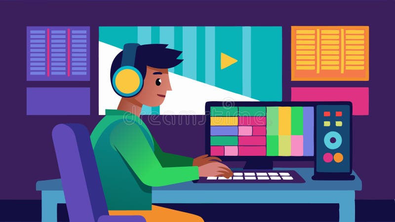 A Student Editing Footage on a Powerful Desktop Computer with Colorful ...