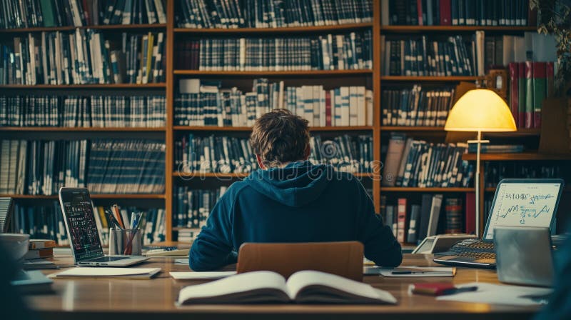 Student Engaged in Digital Learning in a Modern Library Setting with ...