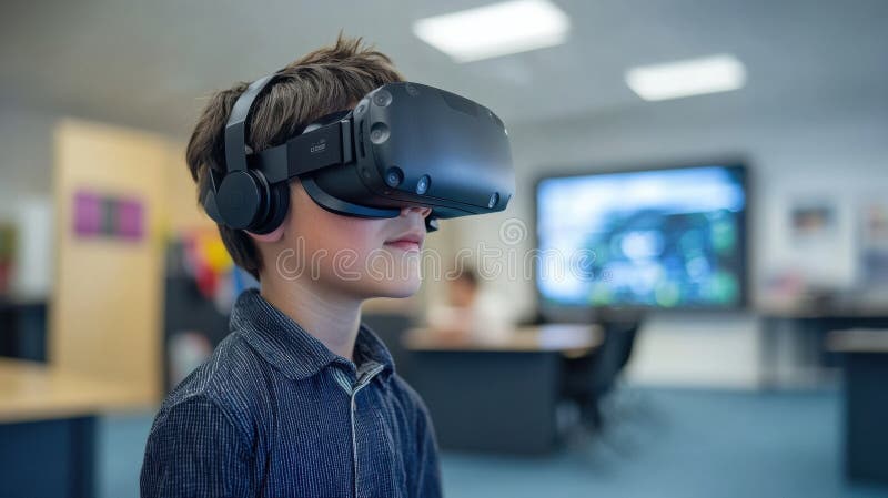 Student Engaged in Virtual Reality Education in a Futuristic Classroom ...