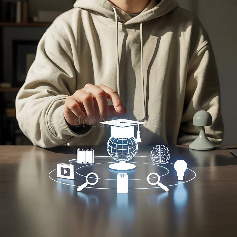 Student Interacting with Futuristic Holographic Interface Representing ...