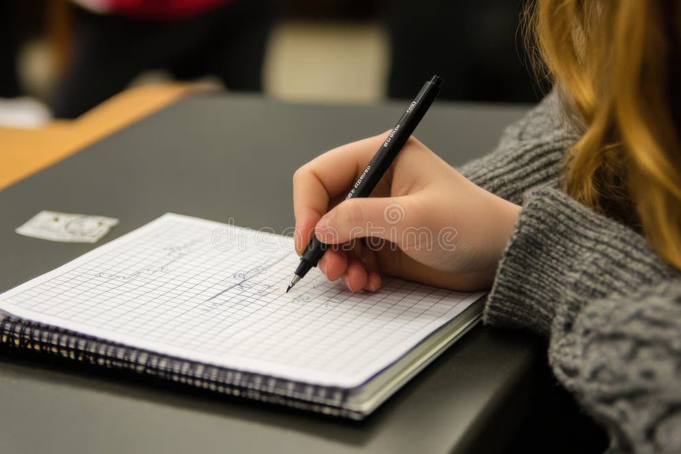 Student Engages in Note-taking with Pen on a Grid Notebook during a ...