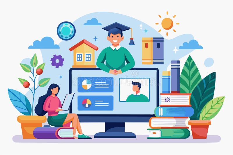 A Student Engages with Online Courses at a Computer Surrounded by Books ...