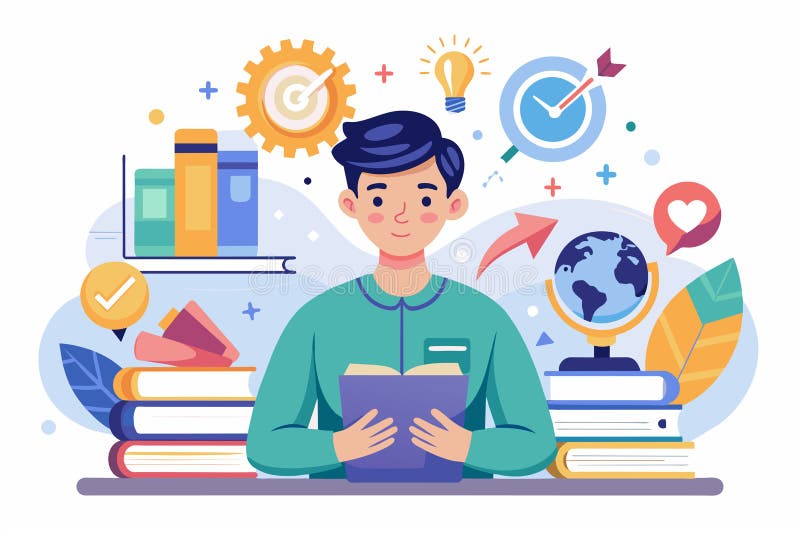 A Student Engages with an Open Book Surrounded by Educational Items ...