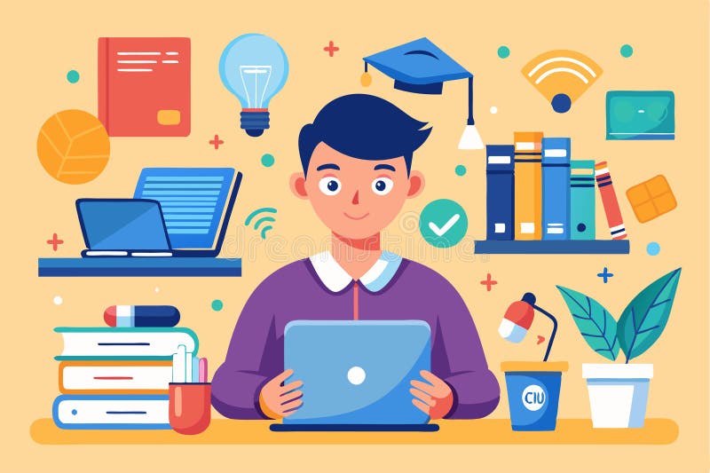 A Student Engages in Study Using Various Gadgets Surrounded by Books ...