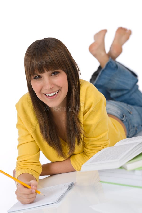 Student - Female Teenager Write Homework with Book Stock Image - Image ...