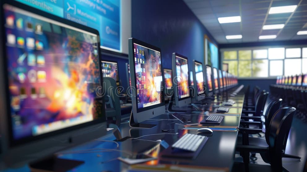 Student Filled Computer Lab with Desktops, Pupils Working, and ...