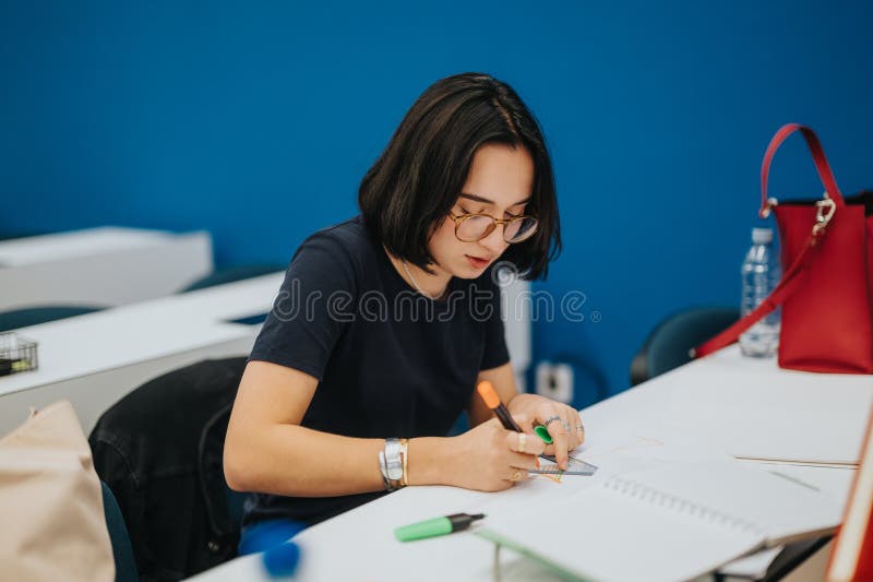 Student Focused on Coursework in a Modern Classroom Setting Stock Photo ...