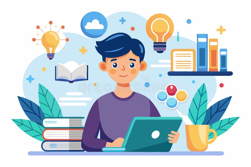 A Student is Focused on Studying at a Desk, Surrounded by Books and ...