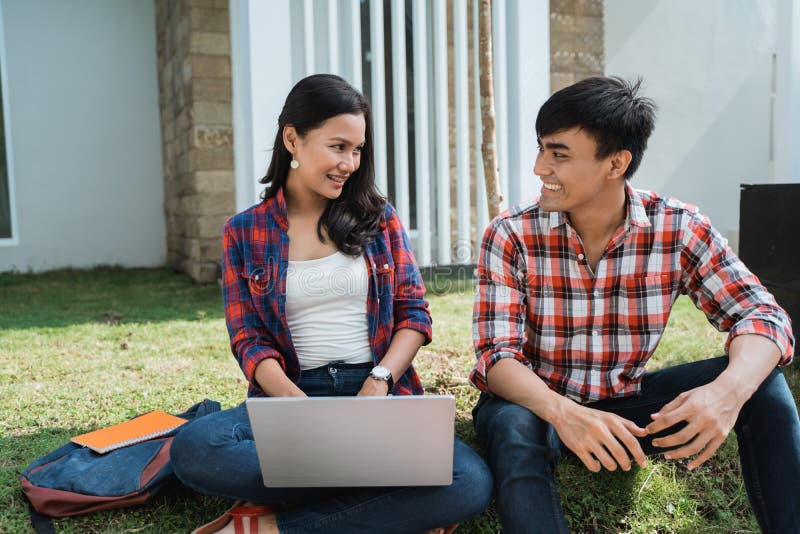 Student Friend in the Park Using Laptop Together Stock Photo - Image of ...