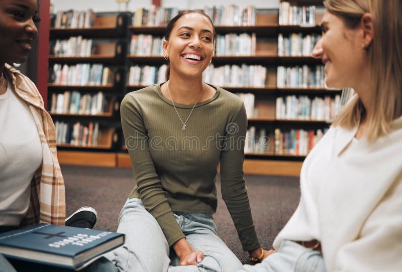 Student, Friends and Book Discussion in Library with Smile for ...