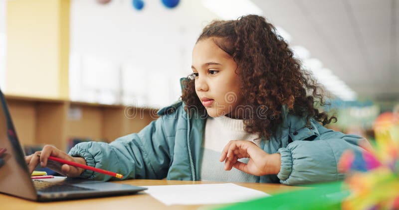 Student, Girl and Assessment with Laptop for Typing, E Learning or ...
