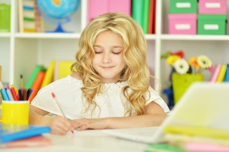 Student Girl with Book and Laptop Stock Image - Image of people, desk ...
