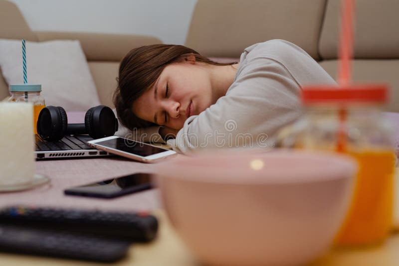 Student Girl with Books and Coffee Sleeping on the Table Stock Image ...