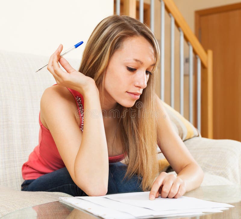 Student Girl Carefully Studying the Notes Stock Image - Image of ...