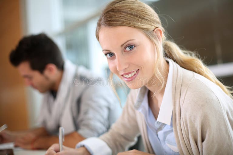 Student Girl in Class Taking Notes Stock Image - Image of cheerful ...