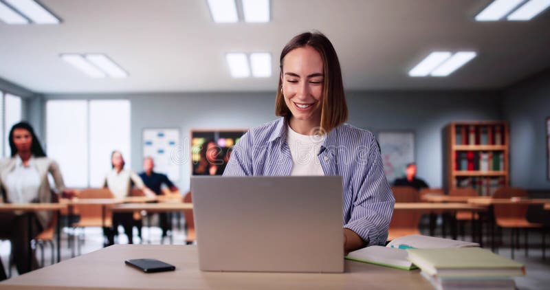 Student Girl in Classroom Using Laptop Stock Photo - Image of working ...