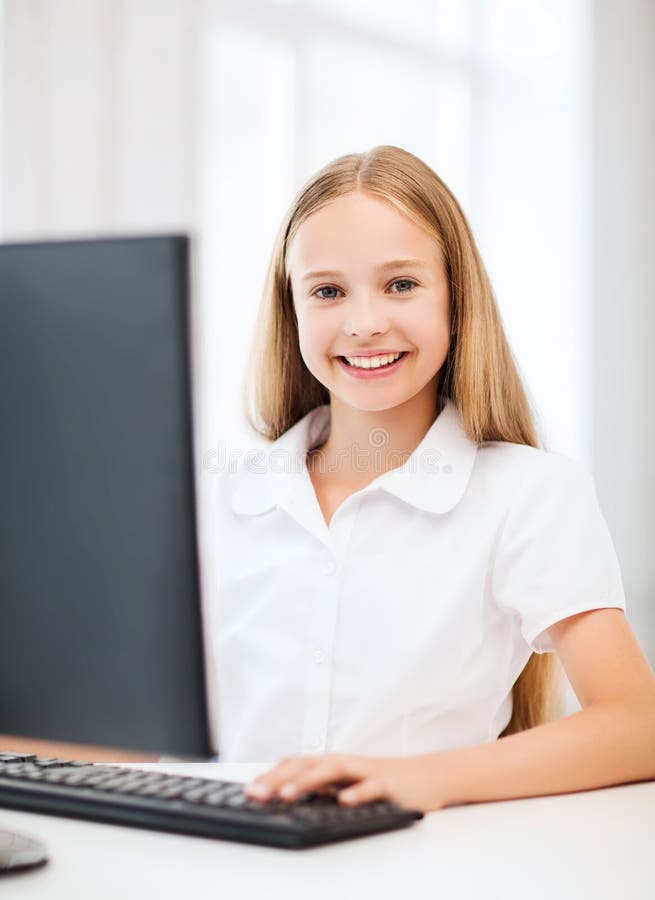Student Girl with Computer at School Stock Image - Image of modern ...