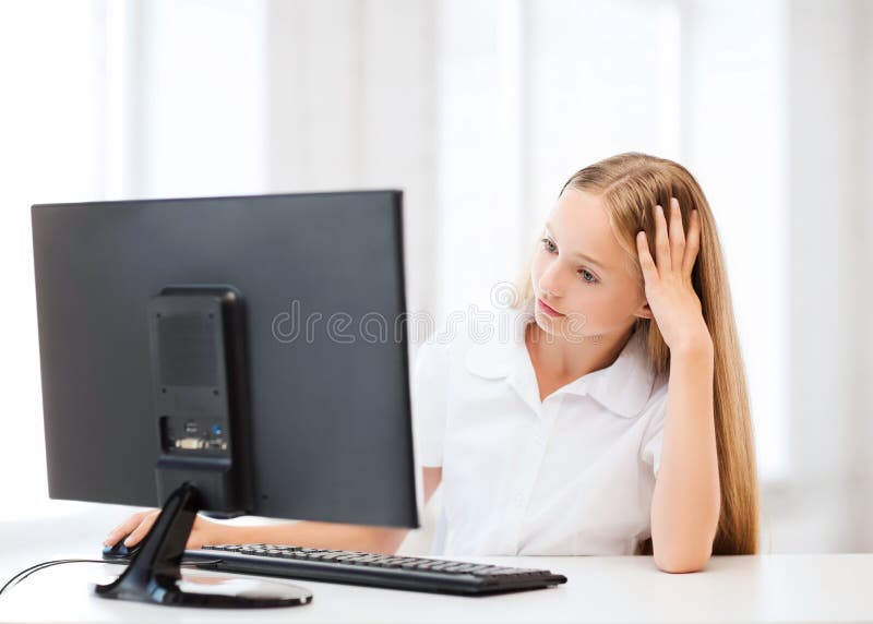 Student Girl with Computer at School Stock Image - Image of monitor ...