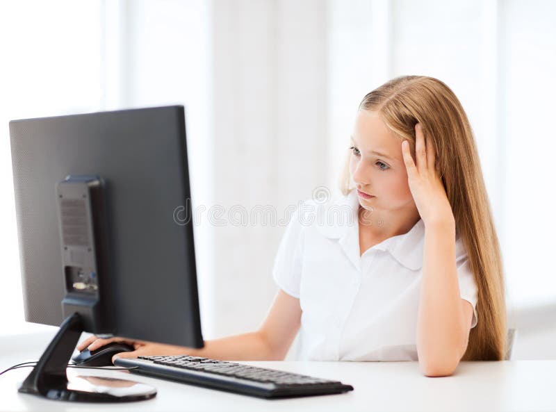 Student Girl with Computer at School Stock Photo - Image of elementary ...