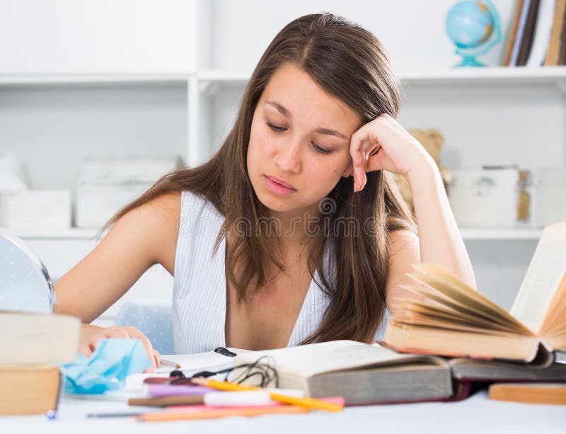 Student Girl is Doing Homework Stock Image - Image of shelves, female ...
