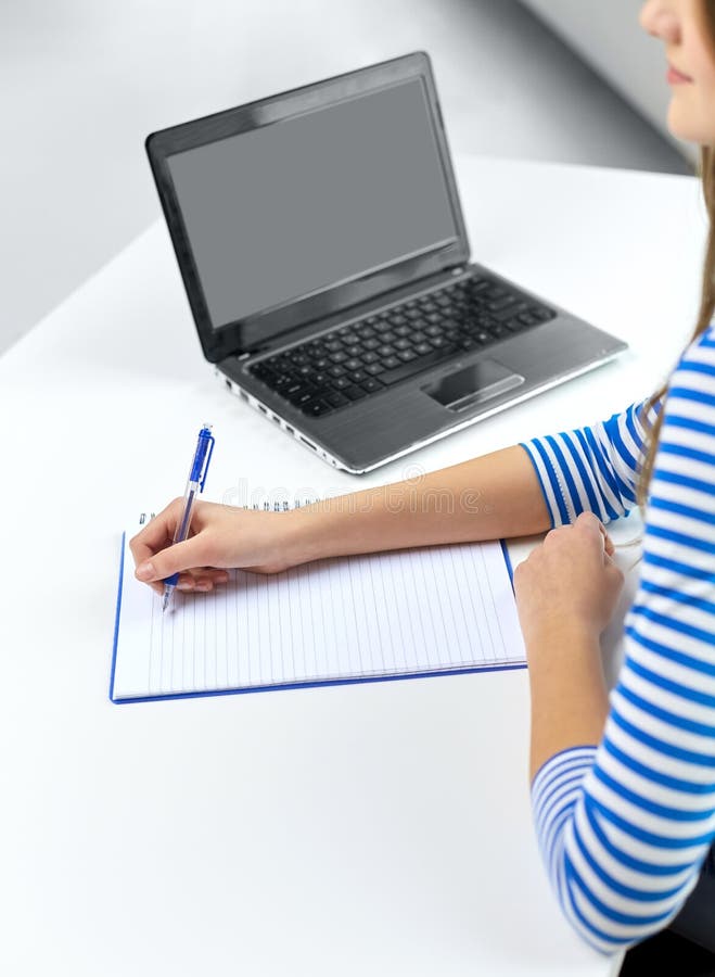 Student Girl with Exercise Book, Pen and Laptop Stock Image - Image of ...