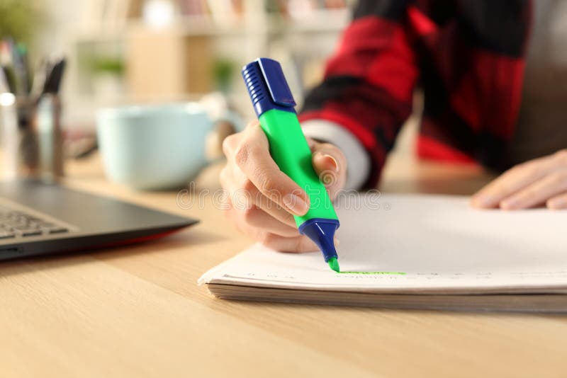 Student Girl Hands Using Highlighter Pen on Notebook Stock Photo ...