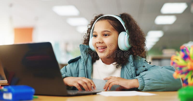 Student, Girl and Headphones with Laptop for Video Call, E Learning or ...