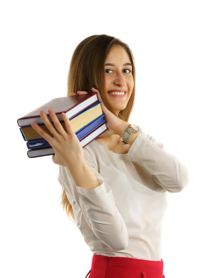 Student Girl Holds Stack of Books in Hands Stock Photo - Image of ...