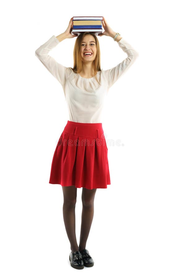 Student Girl Holds Stack of Books on Head Stock Photo - Image of person ...