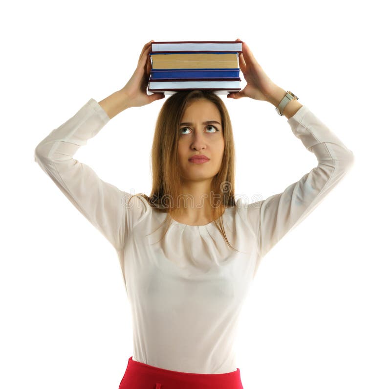 Student Girl Holds Stack of Books on Head Stock Photo - Image of ...