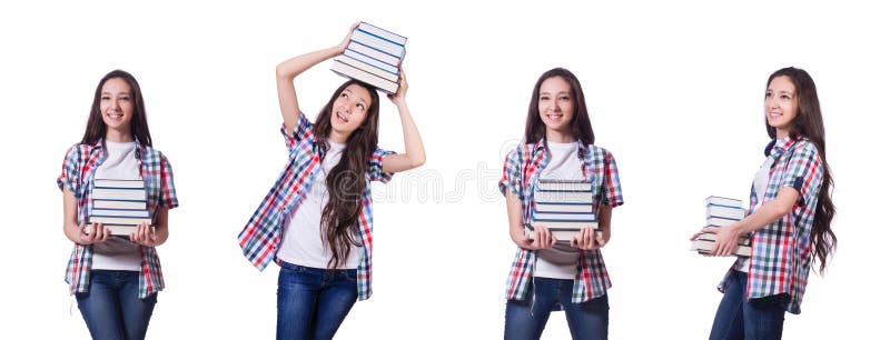 The Student Girl with Many Books on White Stock Photo - Image of learn ...