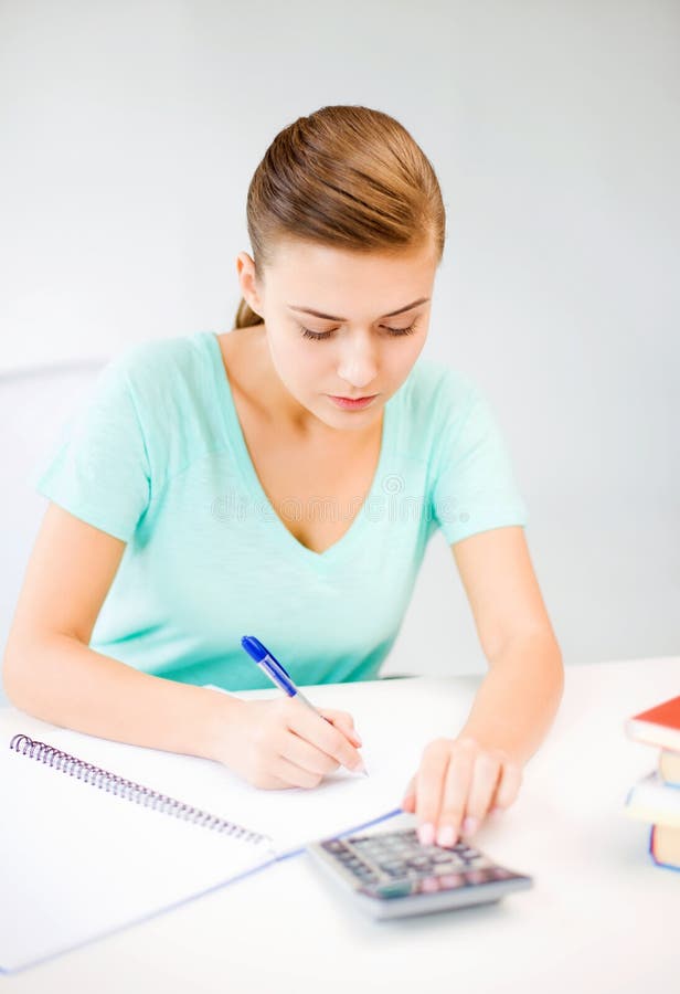 Student Girl with Notebook and Calculator Stock Photo - Image of math ...