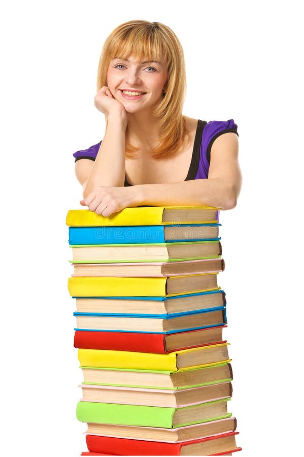 Student Girl with Pile Color Book . Isolated Stock Photo - Image of ...