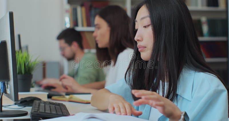 Student Girl Sit at Table Prepare for Exam with Computer, Writes Text ...