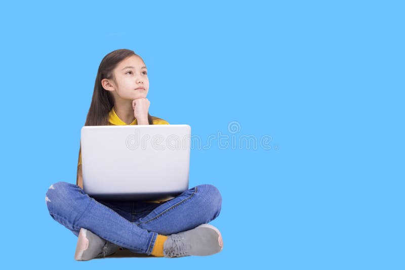Student Girl Studying with Laptop Computer and Thinking Anout the ...