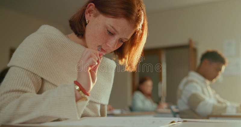 Girl, Student and Thinking with Writing Exam in School for Academic ...