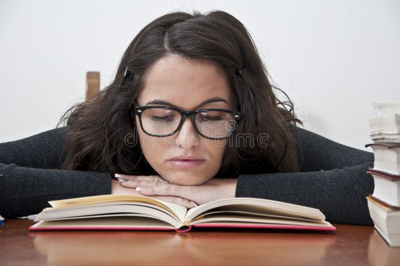 Funny Girl Student with Glasses Reading Books Stock Image - Image of ...