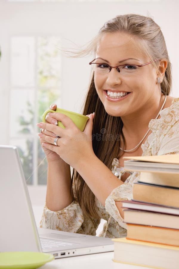 Student Girl Learing with Laptop Stock Image - Image of face ...