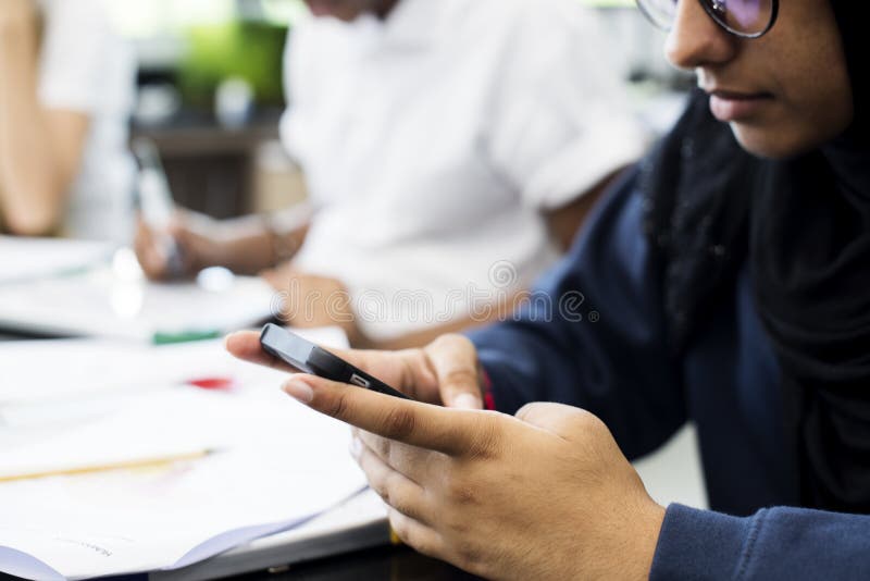 Student Girl Using Smart Phone in Classroom Stock Photo - Image of ...