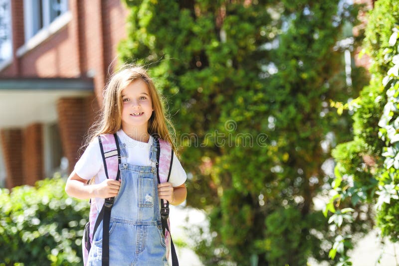Student Girl Wearing School Backpack Outside of the School Stock Image ...