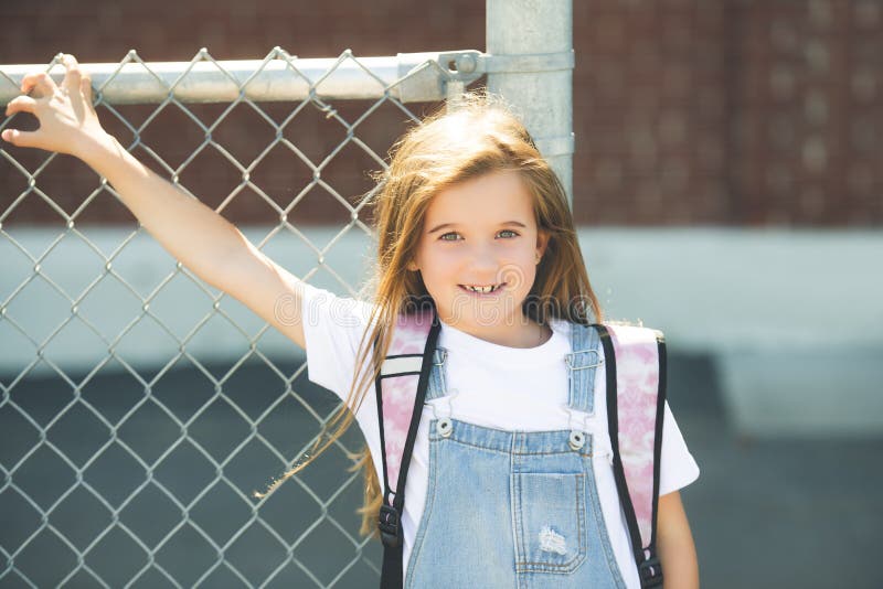 Student Girl Wearing School Backpack Outside of the School Stock Photo ...