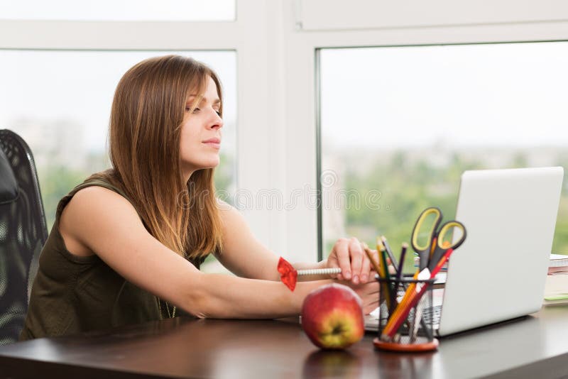Student Girl Working at the Computer Stock Image - Image of shirt, book ...