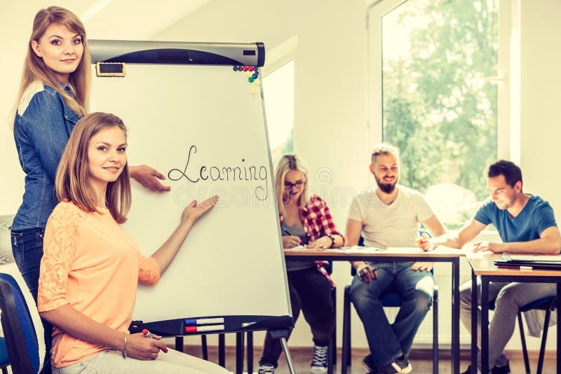 Student Girls Writting Learning Word on Whiteboard Stock Image - Image ...