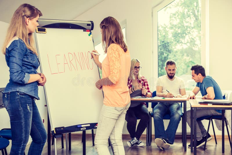 Student Girls Writting Learning Word on Whiteboard Stock Photo - Image ...