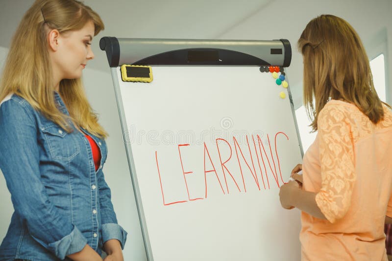 Student Girls Writting Learning Word on Whiteboard Stock Image - Image ...