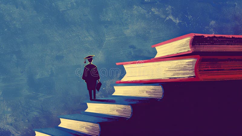 Student Graduate Climbs the Stairs from Books, Blue Background Stock ...