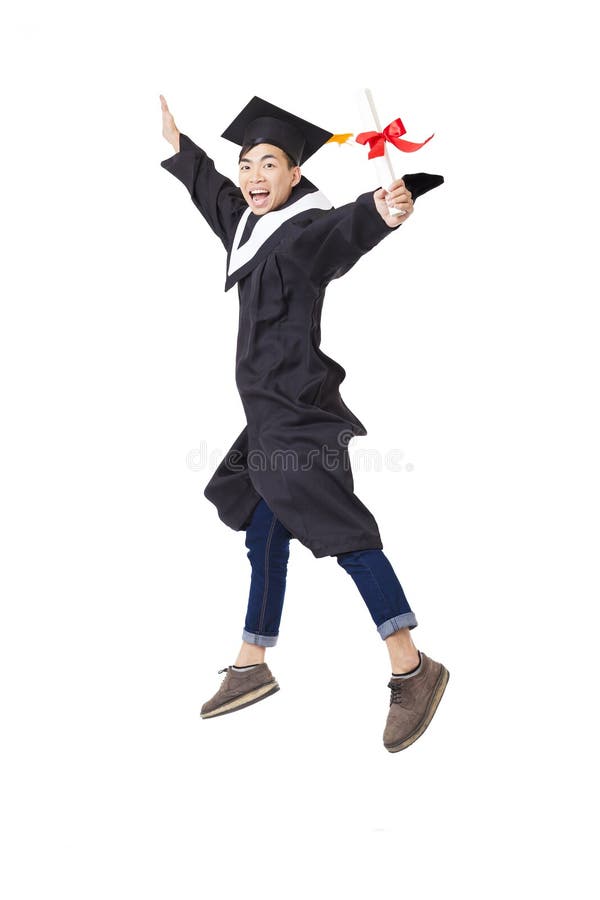 Student in Graduate Robe Jumping Stock Image - Image of happy, high ...