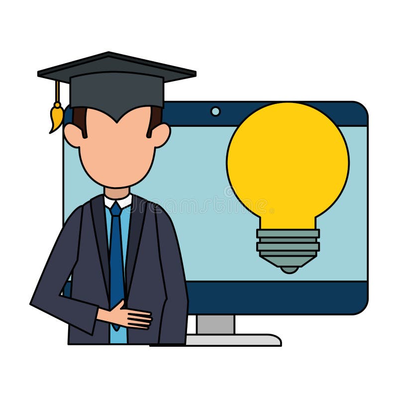 Student Graduated with Computer and Bulb Stock Illustration ...
