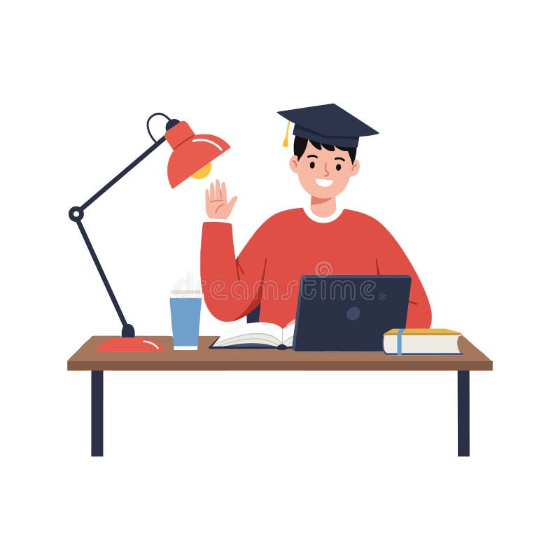 Student in Graduation Cap Smiling and Waving at the Desk Stock Vector ...